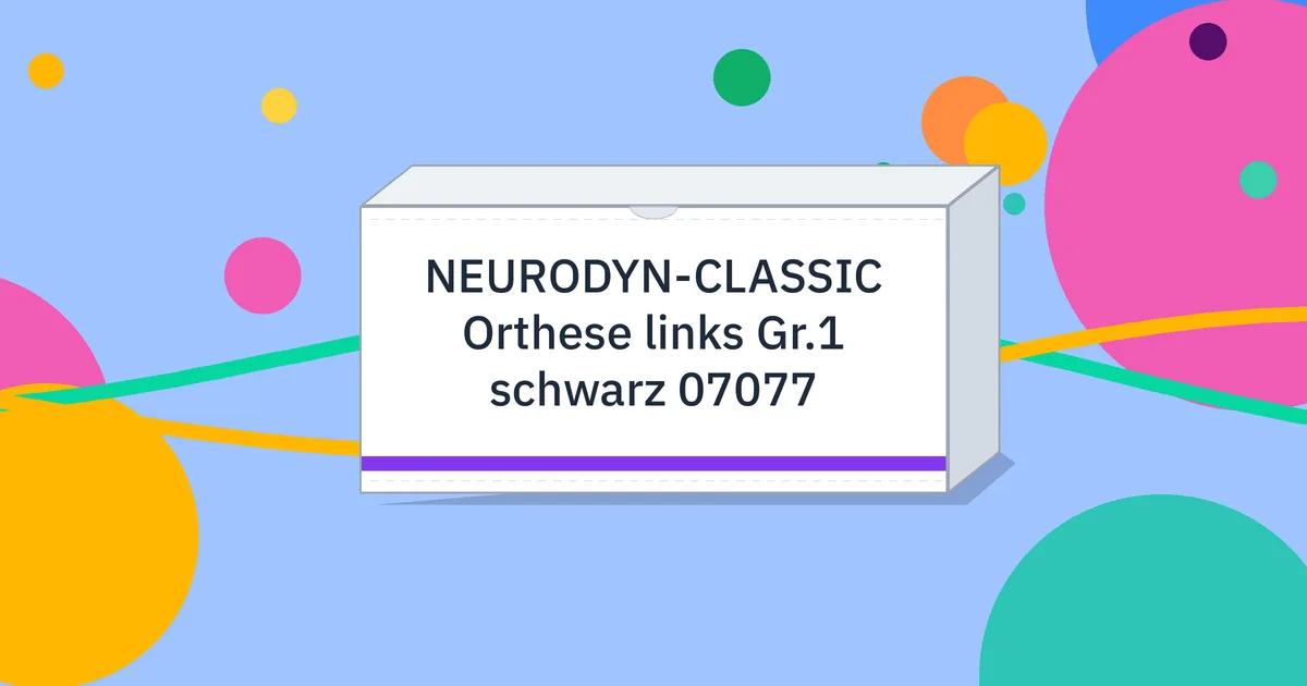 Symbolbild: Packung mit der Aufschrift NEURODYN-CLASSIC Orthese links Gr.1 schwarz 07077 (PZN 05017146) – Verfügbarkeit und Bezug in Apotheken in Frankfurt am Main