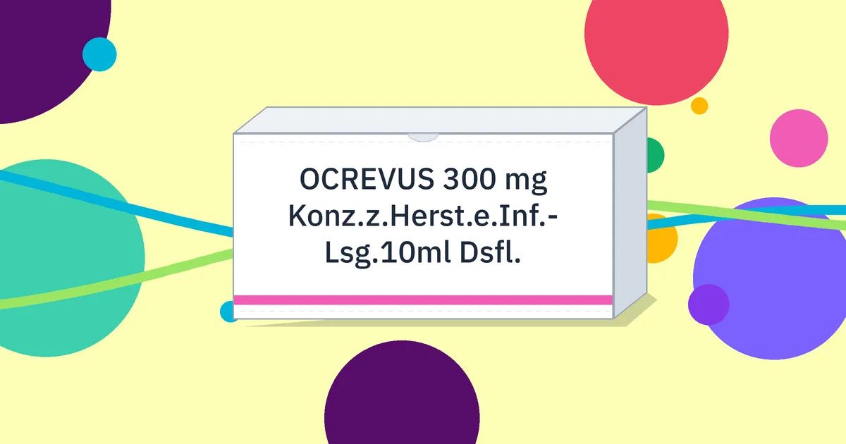 Symbolbild: Packung mit der Aufschrift OCREVUS 300 mg Konz.z.Herst.e.Inf.-Lsg.10ml Dsfl. (PZN 19367720) – Verfügbarkeit und Bezug in Apotheken in Frankfurt am Main