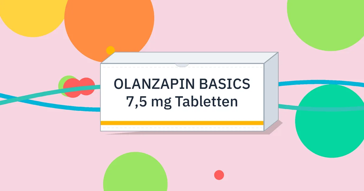 Symbolbild: Packung mit der Aufschrift OLANZAPIN BASICS 7,5 mg Tabletten (PZN 09060110) – Verfügbarkeit und Bezug in Apotheken in Frankfurt am Main