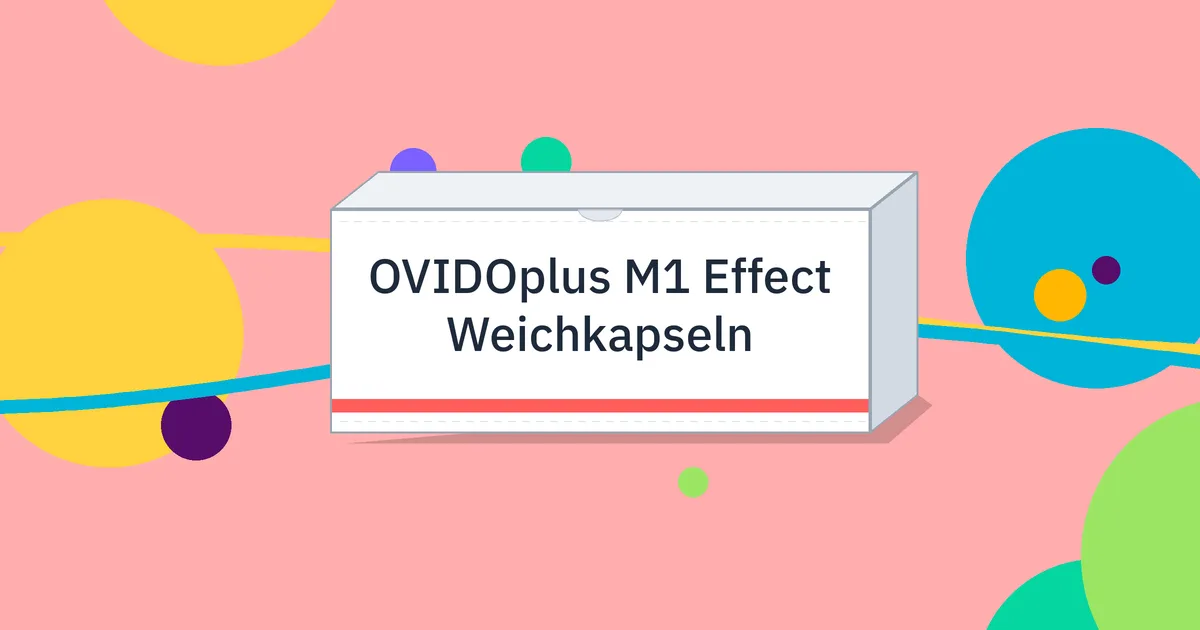 Symbolbild: Packung mit der Aufschrift OVIDOplus M1 Effect Weichkapseln (PZN 11119187) – Verfügbarkeit und Bezug in Apotheken in Frankfurt am Main