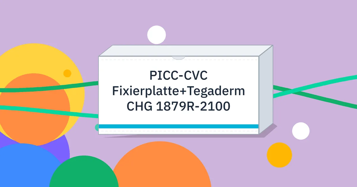 Symbolbild: Packung mit der Aufschrift PICC-CVC Fixierplatte+Tegaderm CHG 1879R-2100 (PZN 04712134) – Verfügbarkeit und Bezug in Apotheken in Frankfurt am Main