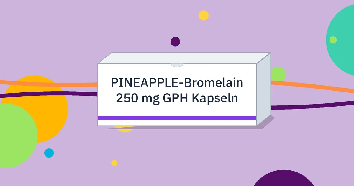Symbolbild: Packung mit der Aufschrift PINEAPPLE-Bromelain 250 mg GPH Kapseln (PZN 02568880) – Verfügbarkeit und Bezug in Apotheken in Frankfurt am Main