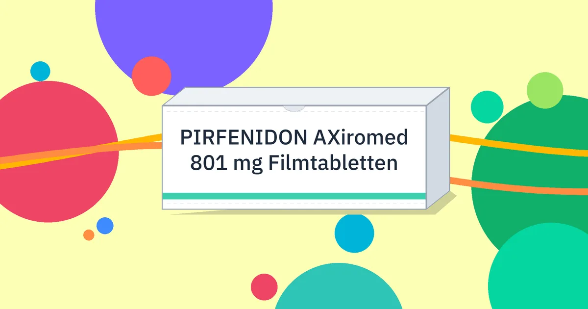 Symbolbild: Packung mit der Aufschrift PIRFENIDON AXiromed 801 mg Filmtabletten (PZN 19204538) – Verfügbarkeit und Bezug in Apotheken in Frankfurt am Main