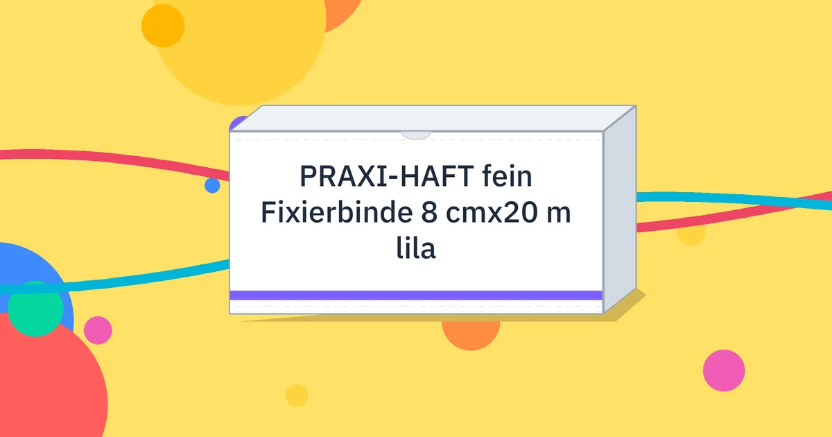 Symbolbild: Packung mit der Aufschrift PRAXI-HAFT fein Fixierbinde 8 cmx20 m lila (PZN 12826159) – Verfügbarkeit und Bezug in Apotheken in Frankfurt am Main