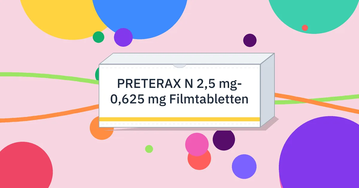 Symbolbild: Packung mit der Aufschrift PRETERAX N 2,5 mg-0,625 mg Filmtabletten (PZN 18760450) – Verfügbarkeit und Bezug in Apotheken in Frankfurt am Main