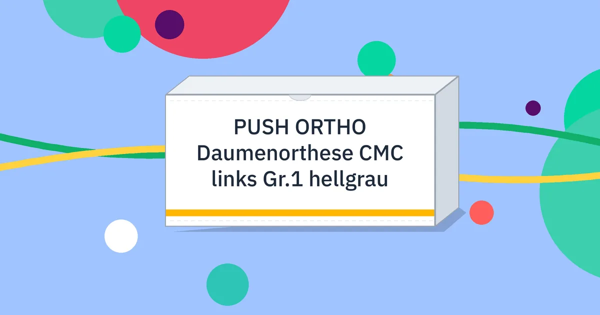 Symbolbild: Packung mit der Aufschrift PUSH ORTHO Daumenorthese CMC links Gr.1 hellgrau (PZN 09532603) – Verfügbarkeit und Bezug in Apotheken in Frankfurt am Main