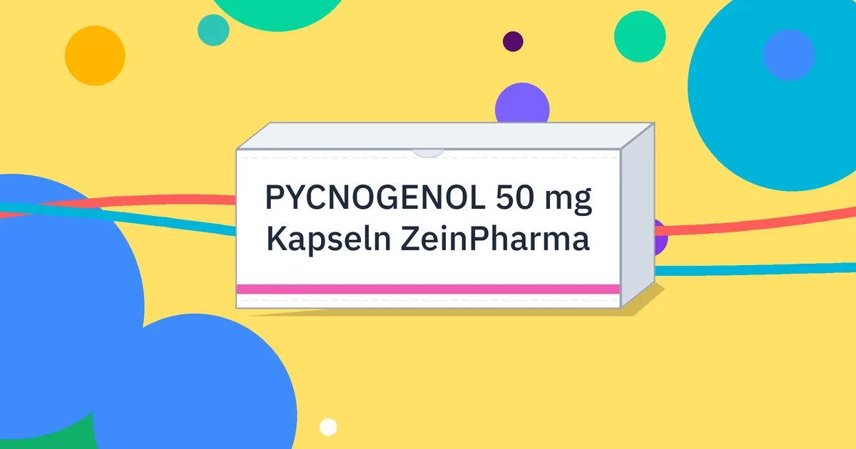 Symbolbild: Packung mit der Aufschrift PYCNOGENOL 50 mg Kapseln ZeinPharma (PZN 19249340) – Verfügbarkeit und Bezug in Apotheken in Frankfurt am Main