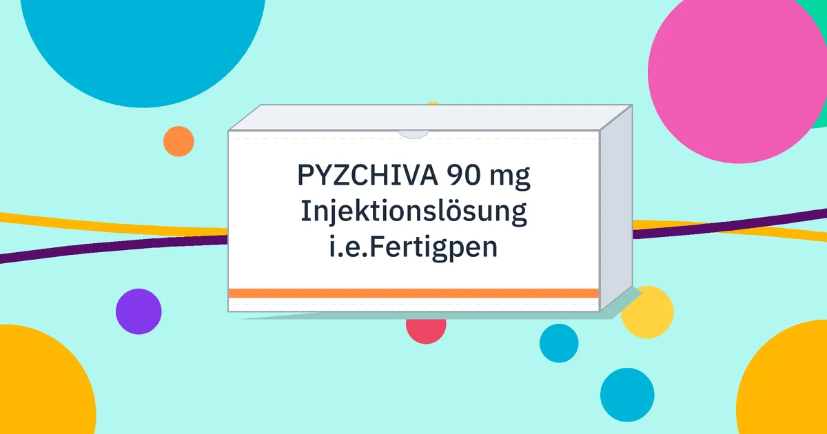 Symbolbild: Packung mit der Aufschrift PYZCHIVA 90 mg Injektionslösung i.e.Fertigpen (PZN 20193567) – Verfügbarkeit und Bezug in Apotheken in Frankfurt am Main