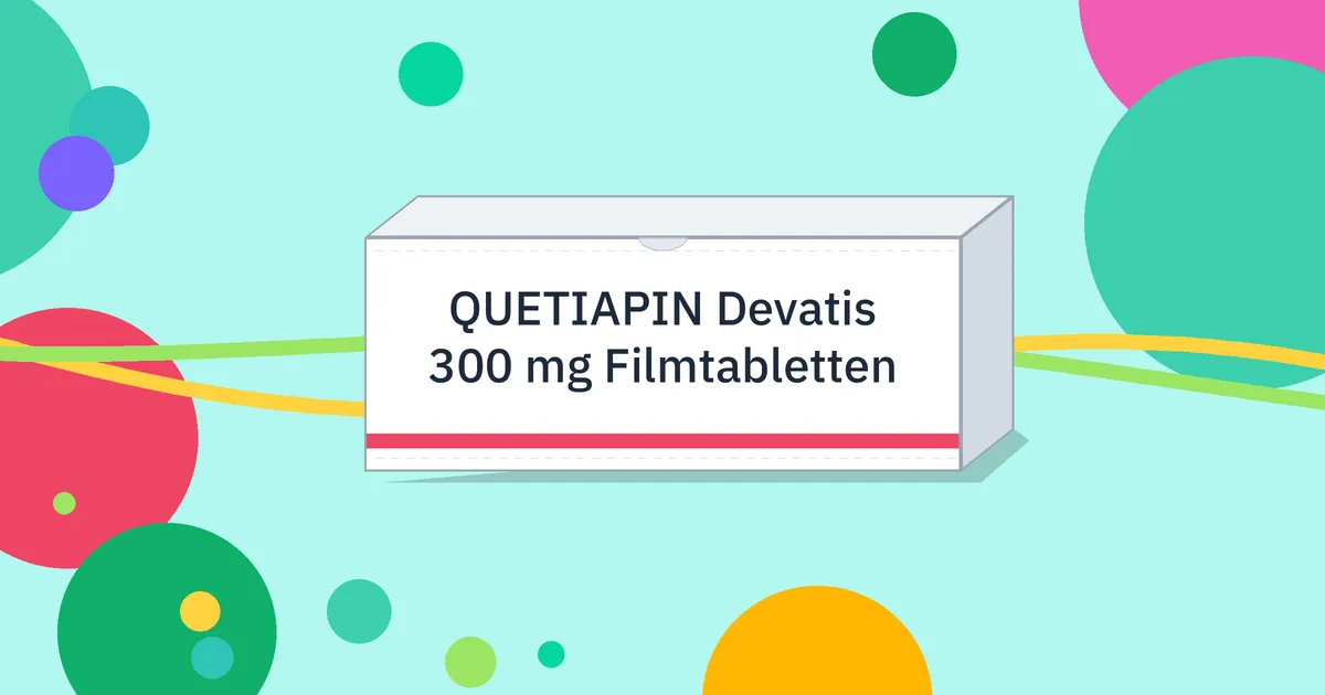 Symbolbild: Packung mit der Aufschrift QUETIAPIN Devatis 300 mg Filmtabletten (PZN 11484099) – Verfügbarkeit und Bezug in Apotheken in Frankfurt am Main