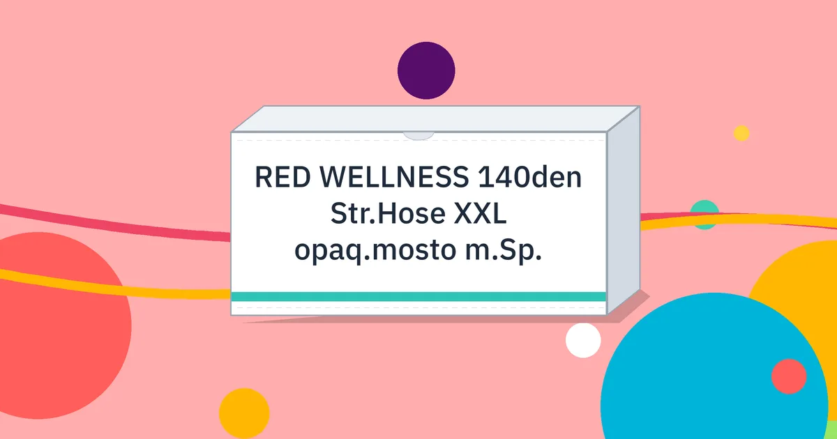 Symbolbild: Packung mit der Aufschrift RED WELLNESS 140den Str.Hose XXL opaq.mosto m.Sp. (PZN 16176304) – Verfügbarkeit und Bezug in Apotheken in Frankfurt am Main