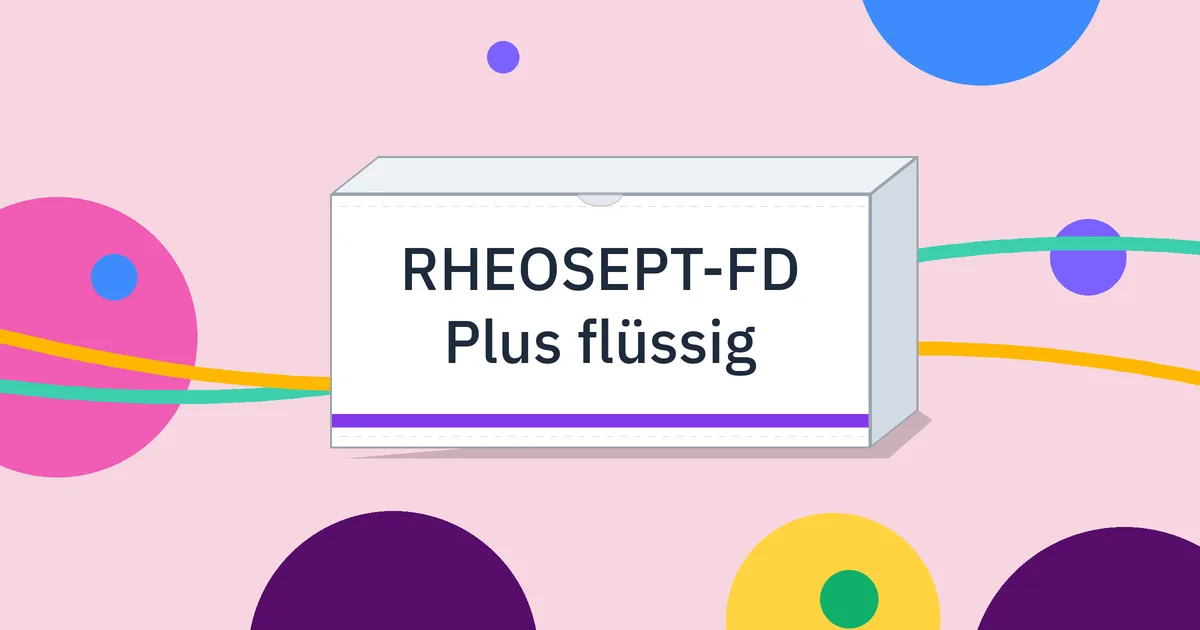 Symbolbild: Packung mit der Aufschrift RHEOSEPT-FD Plus flüssig (PZN 04798377) – Verfügbarkeit und Bezug in Apotheken in Frankfurt am Main