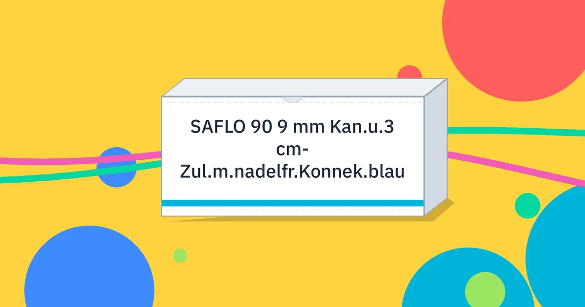 Symbolbild: Packung mit der Aufschrift SAFLO 90 9 mm Kan.u.3 cm-Zul.m.nadelfr.Konnek.blau (PZN 13866480) – Verfügbarkeit und Bezug in Apotheken in Frankfurt am Main