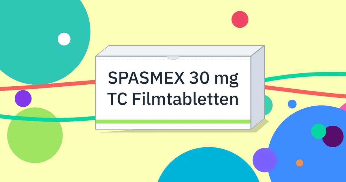 Symbolbild: Packung mit der Aufschrift SPASMEX 30 mg TC Filmtabletten (PZN 18444281) – Verfügbarkeit und Bezug in Apotheken in Frankfurt am Main