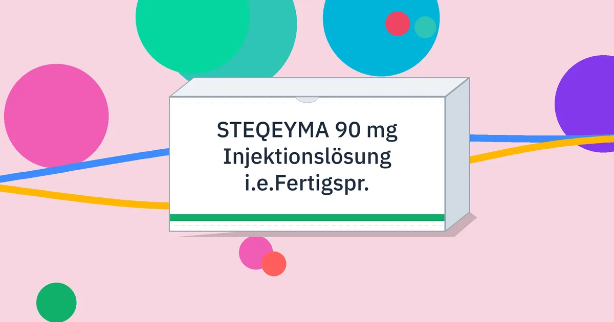 Symbolbild: Packung mit der Aufschrift STEQEYMA 90 mg Injektionslösung i.e.Fertigspr. (PZN 19847791) – Verfügbarkeit und Bezug in Apotheken in Frankfurt am Main
