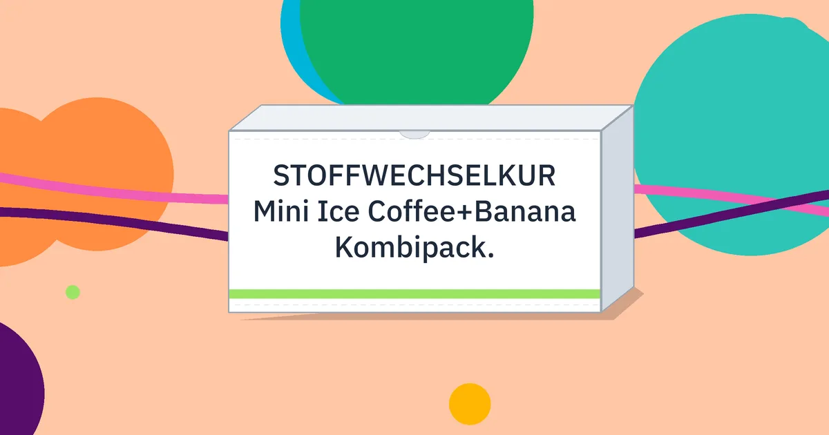Symbolbild: Packung mit der Aufschrift STOFFWECHSELKUR Mini Ice Coffee+Banana Kombipack. (PZN 14044828) – Verfügbarkeit und Bezug in Apotheken in Frankfurt am Main