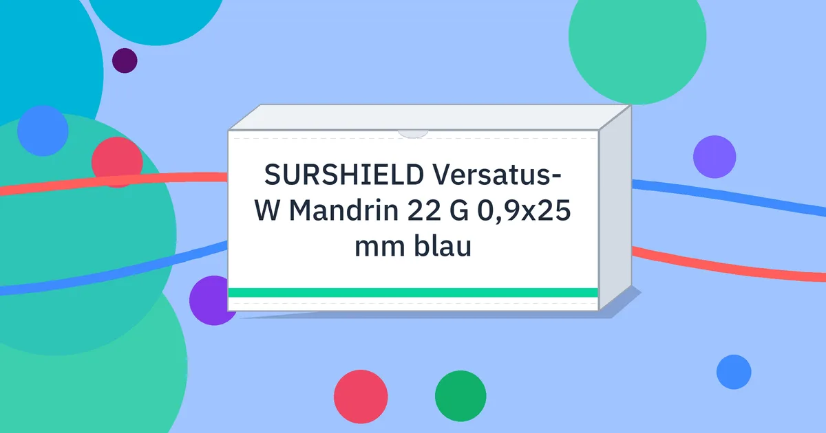 Symbolbild: Packung mit der Aufschrift SURSHIELD Versatus-W Mandrin 22 G 0,9x25 mm blau (PZN 15739567) – Verfügbarkeit und Bezug in Apotheken in Frankfurt am Main