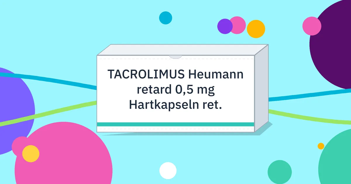 Symbolbild: Packung mit der Aufschrift TACROLIMUS Heumann retard 0,5 mg Hartkapseln ret. (PZN 18490766) – Verfügbarkeit und Bezug in Apotheken in Frankfurt am Main
