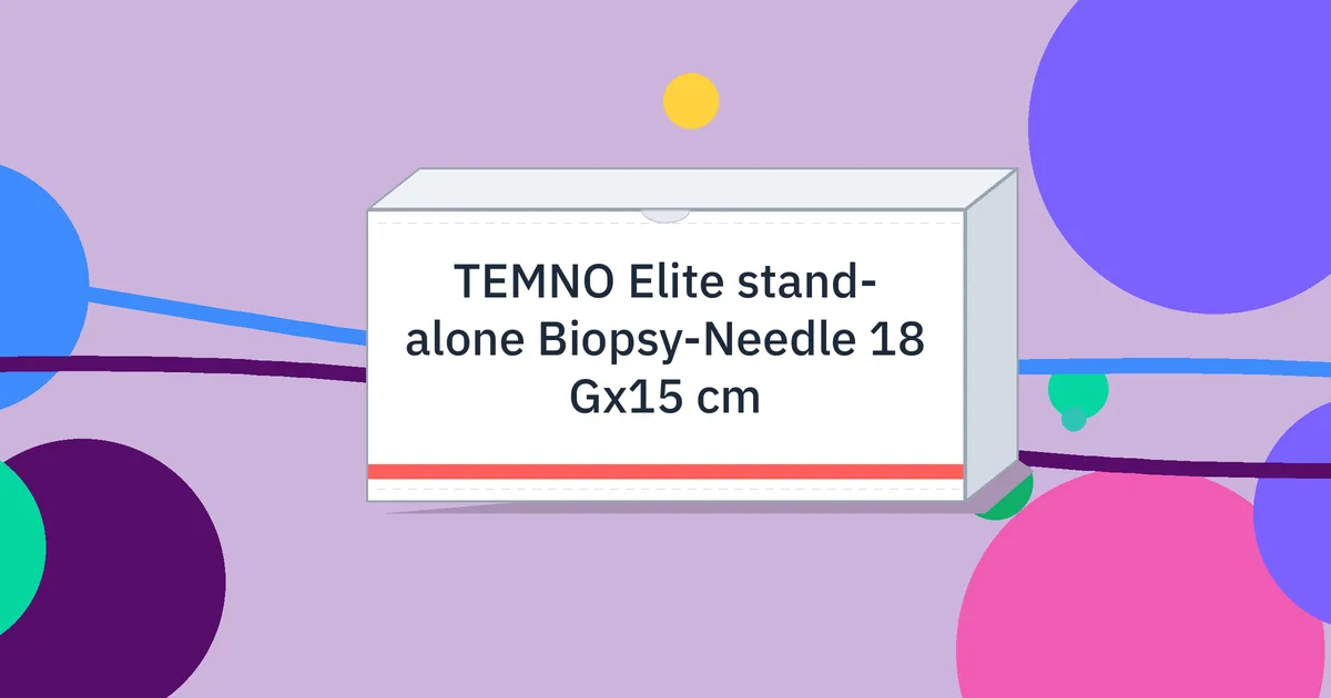 Symbolbild: Packung mit der Aufschrift TEMNO Elite stand-alone Biopsy-Needle 18 Gx15 cm (PZN 18765192) – Verfügbarkeit und Bezug in Apotheken in Frankfurt am Main