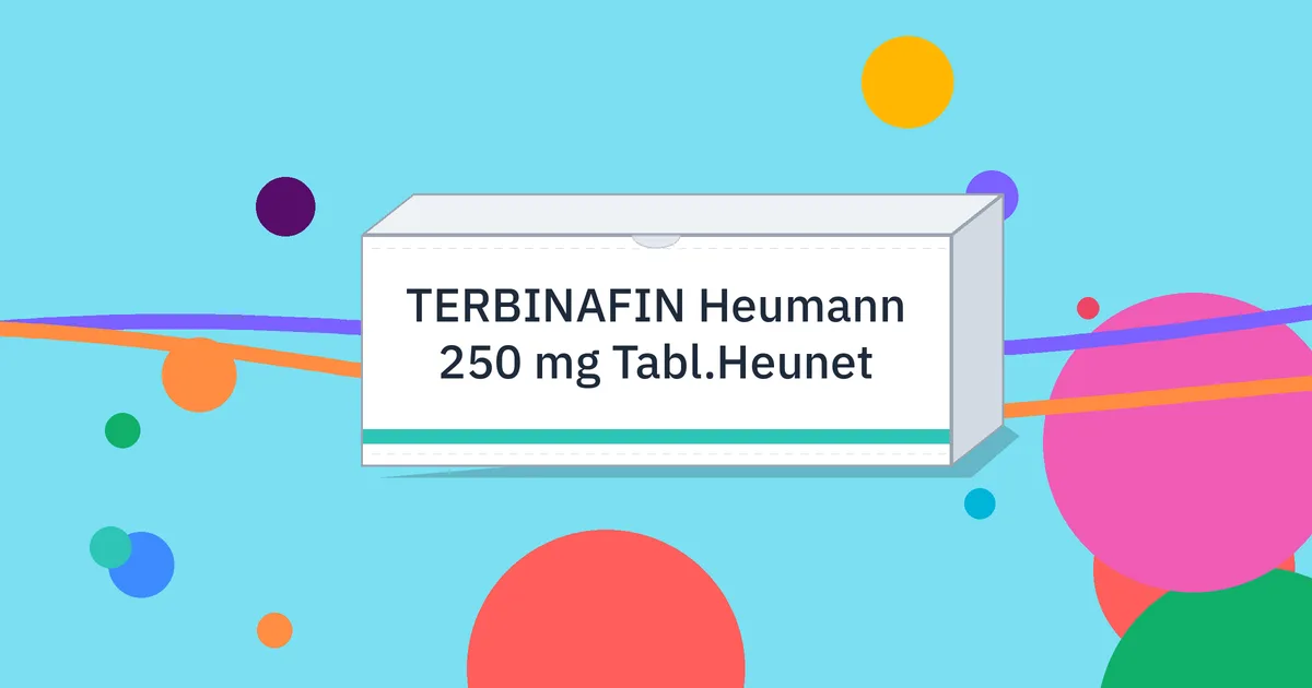 Symbolbild: Packung mit der Aufschrift TERBINAFIN Heumann 250 mg Tabl.Heunet (PZN 05888941) – Verfügbarkeit und Bezug in Apotheken in Frankfurt am Main