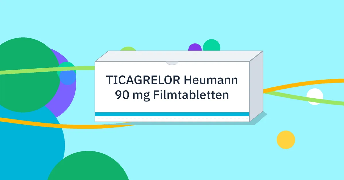 Symbolbild: Packung mit der Aufschrift TICAGRELOR Heumann 90 mg Filmtabletten (PZN 16358028) – Verfügbarkeit und Bezug in Apotheken in Frankfurt am Main