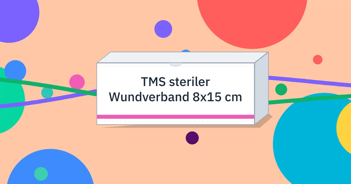 Symbolbild: Packung mit der Aufschrift TMS steriler Wundverband 8x15 cm (PZN 18317341) – Verfügbarkeit und Bezug in Apotheken in Frankfurt am Main