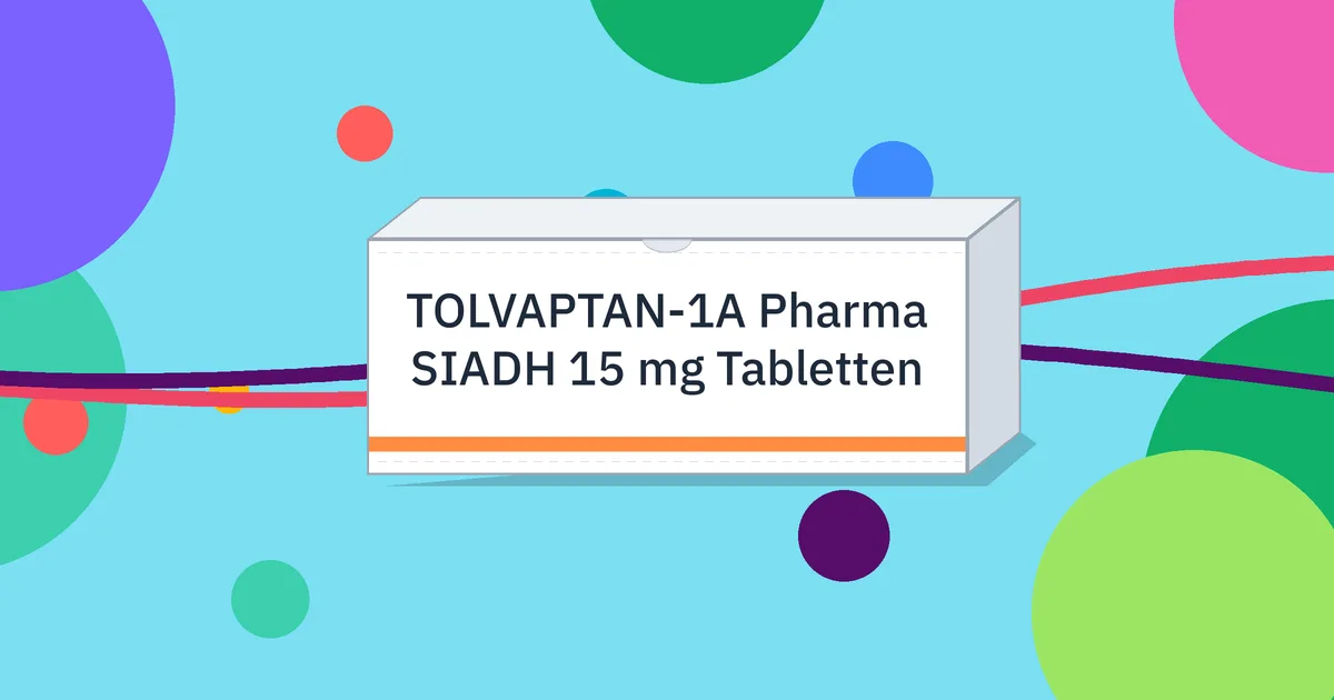 Symbolbild: Packung mit der Aufschrift TOLVAPTAN-1A Pharma SIADH 15 mg Tabletten (PZN 19100827) – Verfügbarkeit und Bezug in Apotheken in Frankfurt am Main