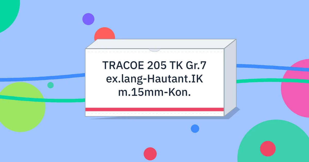 Symbolbild: Packung mit der Aufschrift TRACOE 205 TK Gr.7 ex.lang-Hautant.IK m.15mm-Kon. (PZN 02719965) – Verfügbarkeit und Bezug in Apotheken in Frankfurt am Main