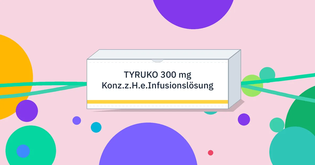 Symbolbild: Packung mit der Aufschrift TYRUKO 300 mg Konz.z.H.e.Infusionslösung (PZN 18412878) – Verfügbarkeit und Bezug in Apotheken in Frankfurt am Main