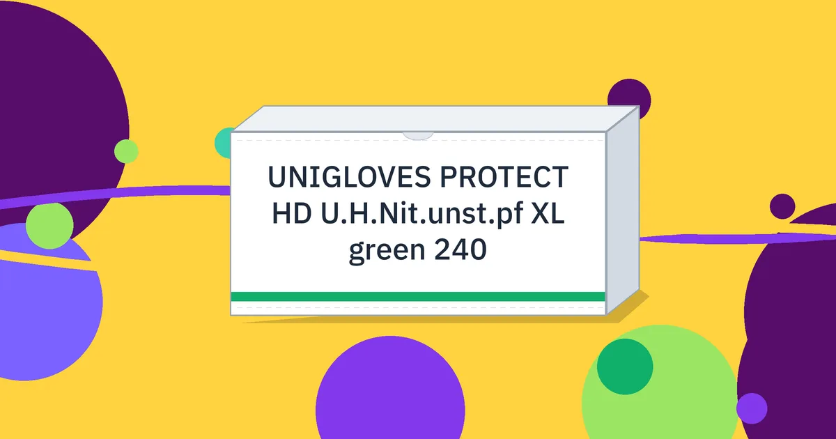 Symbolbild: Packung mit der Aufschrift UNIGLOVES PROTECT HD U.H.Nit.unst.pf XL green 240 (PZN 20189057) – Verfügbarkeit und Bezug in Apotheken in Frankfurt am Main