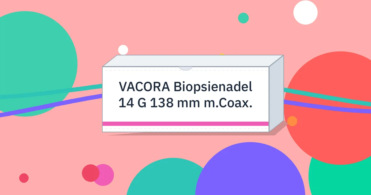 Symbolbild: Packung mit der Aufschrift VACORA Biopsienadel 14 G 138 mm m.Coax. (PZN 03628242) – Verfügbarkeit und Bezug in Apotheken in Frankfurt am Main