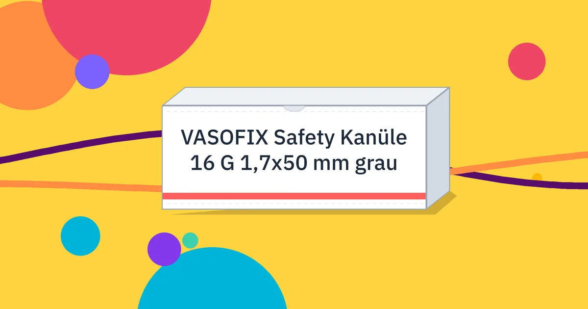 Symbolbild: Packung mit der Aufschrift VASOFIX Safety Kanüle 16 G 1,7x50 mm grau (PZN 18605956) – Verfügbarkeit und Bezug in Apotheken in Frankfurt am Main