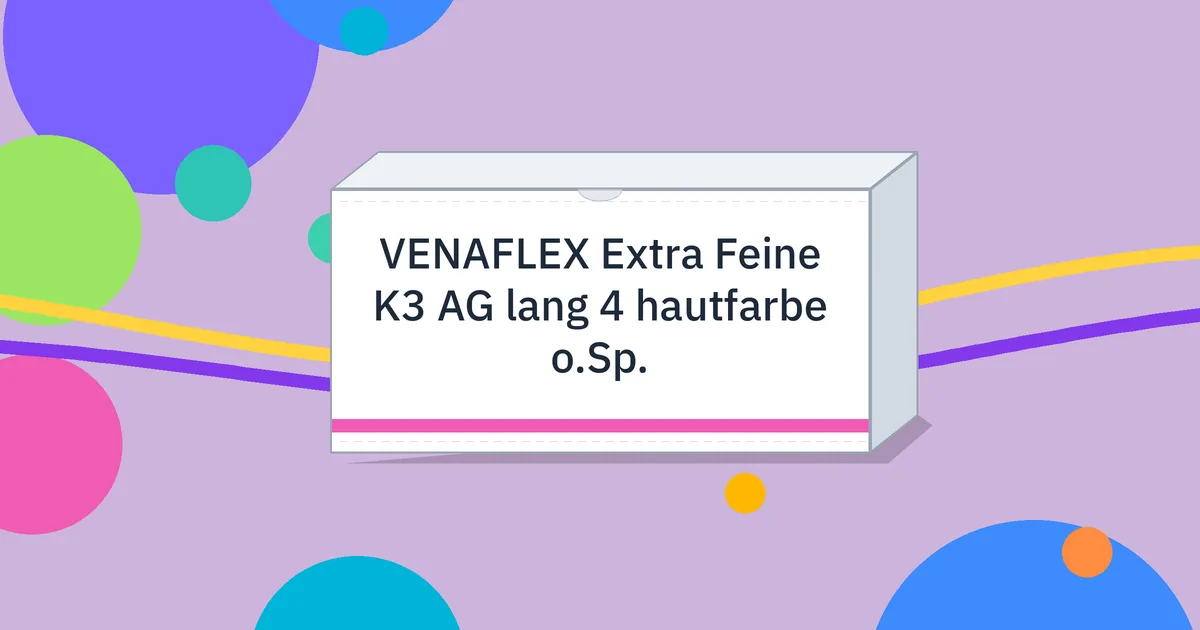 Symbolbild: Packung mit der Aufschrift VENAFLEX Extra Feine K3 AG lang 4 hautfarbe o.Sp. (PZN 18308566) – Verfügbarkeit und Bezug in Apotheken in Frankfurt am Main