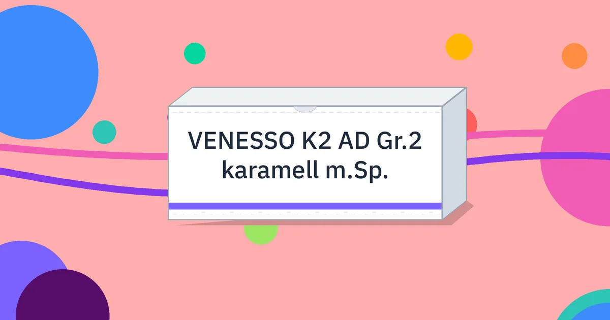 Symbolbild: Packung mit der Aufschrift VENESSO K2 AD Gr.2 karamell m.Sp. (PZN 13758052) – Verfügbarkeit und Bezug in Apotheken in Frankfurt am Main