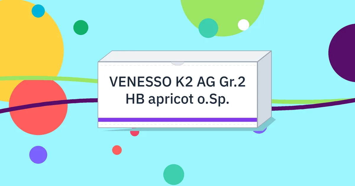 Symbolbild: Packung mit der Aufschrift VENESSO K2 AG Gr.2 HB apricot o.Sp. (PZN 03265012) – Verfügbarkeit und Bezug in Apotheken in Frankfurt am Main