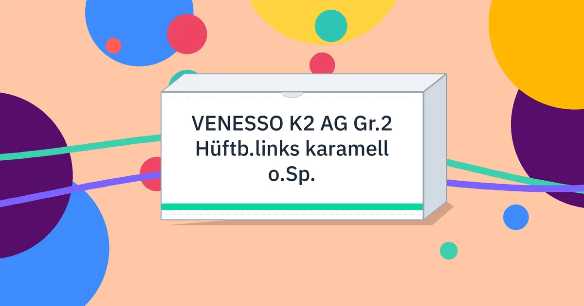Symbolbild: Packung mit der Aufschrift VENESSO K2 AG Gr.2 Hüftb.links karamell o.Sp. (PZN 13761781) – Verfügbarkeit und Bezug in Apotheken in Frankfurt am Main