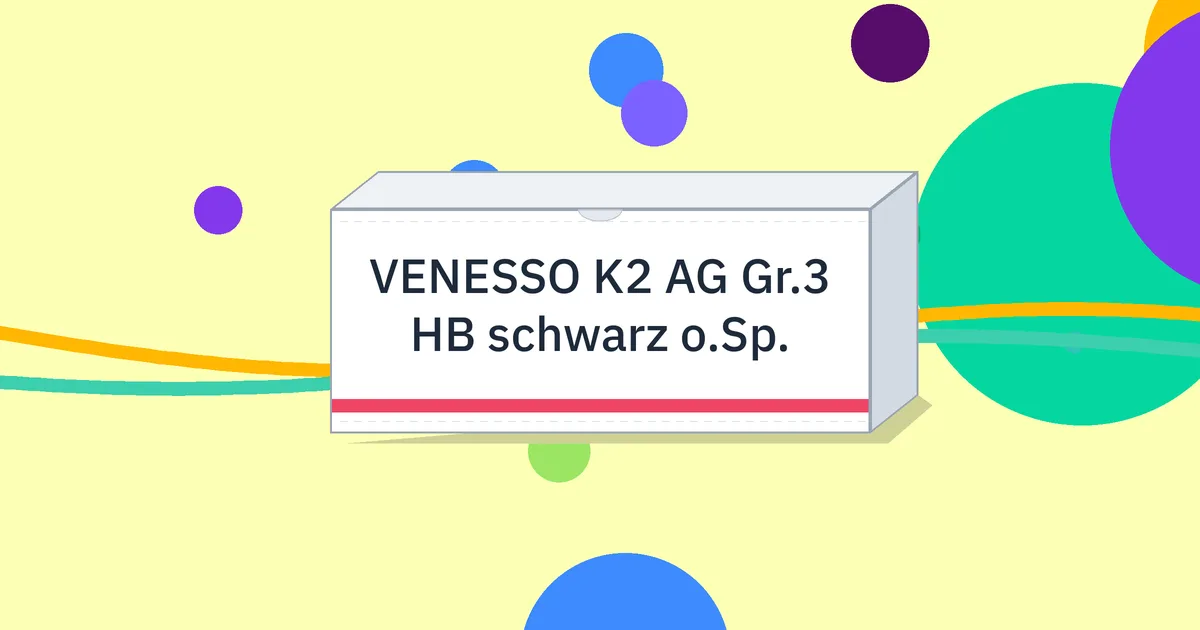 Symbolbild: Packung mit der Aufschrift VENESSO K2 AG Gr.3 HB schwarz o.Sp. (PZN 03265733) – Verfügbarkeit und Bezug in Apotheken in Frankfurt am Main
