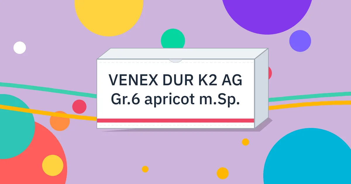 Symbolbild: Packung mit der Aufschrift VENEX DUR K2 AG Gr.6 apricot m.Sp. (PZN 03213742) – Verfügbarkeit und Bezug in Apotheken in Frankfurt am Main