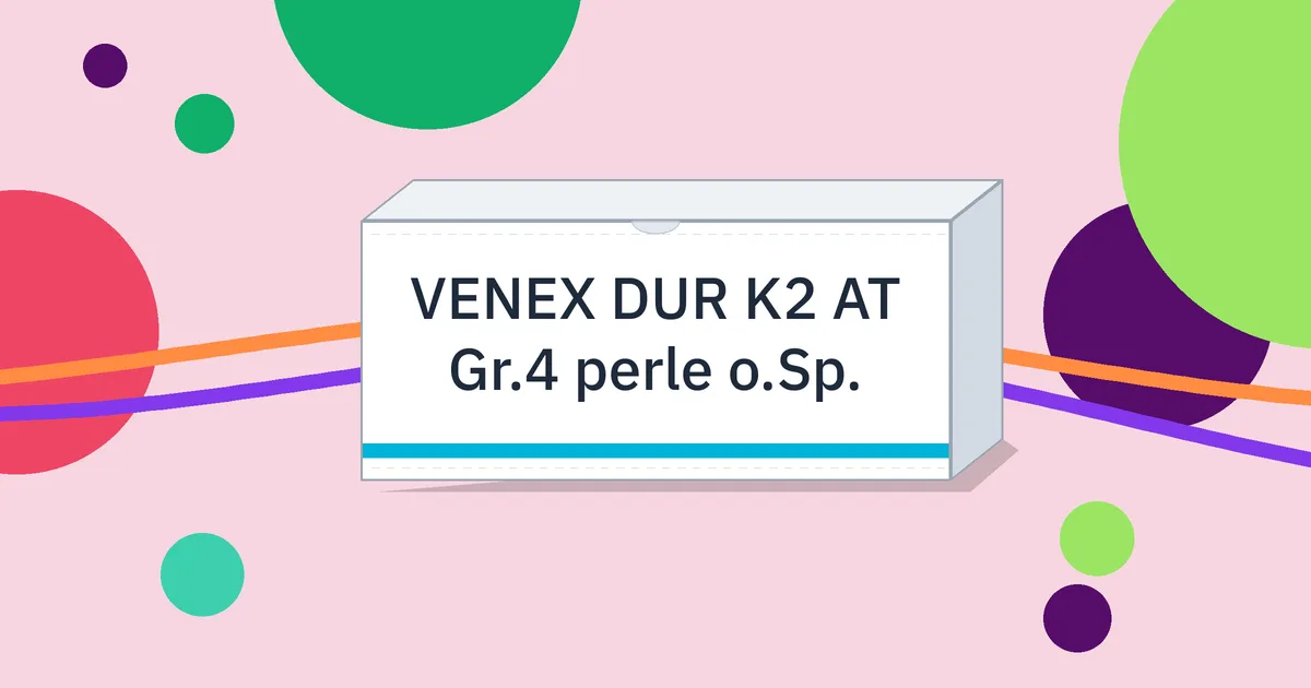 Symbolbild: Packung mit der Aufschrift VENEX DUR K2 AT Gr.4 perle o.Sp. (PZN 03223284) – Verfügbarkeit und Bezug in Apotheken in Frankfurt am Main