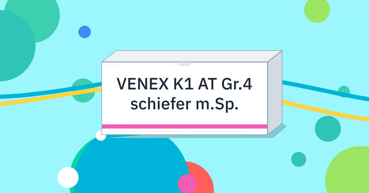 Symbolbild: Packung mit der Aufschrift VENEX K1 AT Gr.4 schiefer m.Sp. (PZN 03196498) – Verfügbarkeit und Bezug in Apotheken in Frankfurt am Main