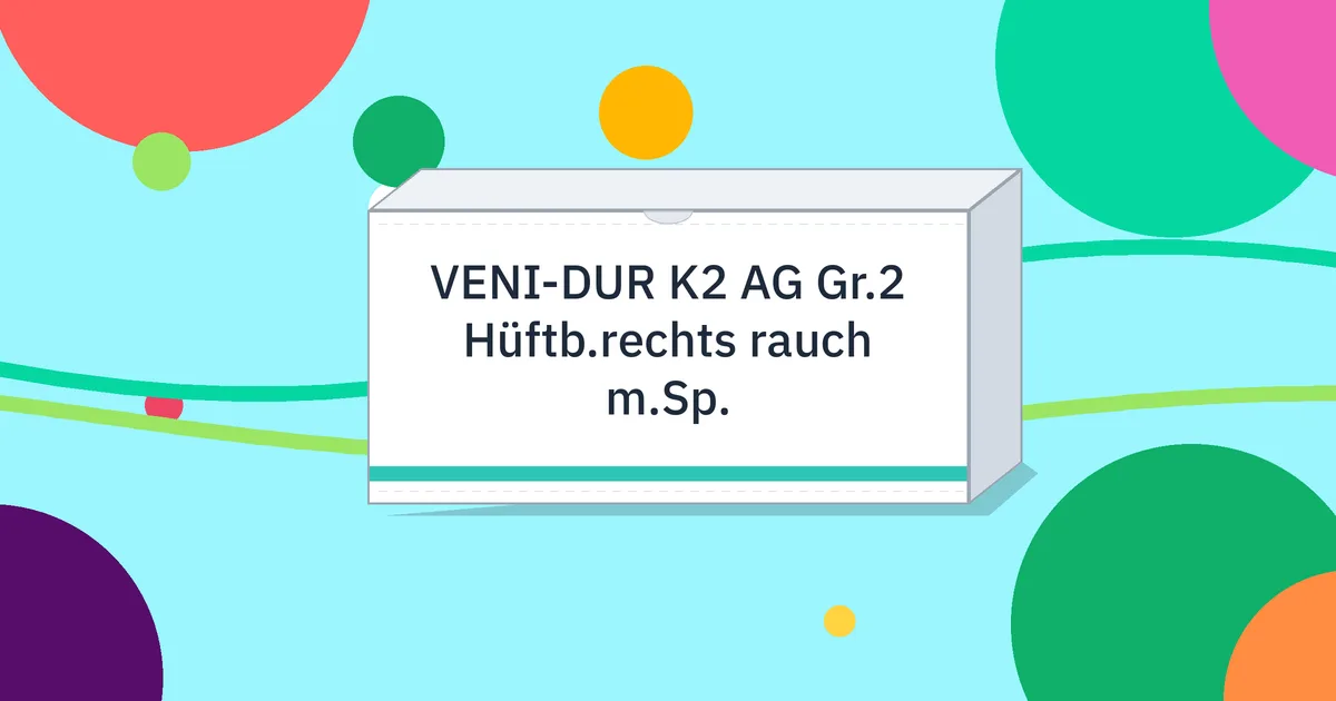 Symbolbild: Packung mit der Aufschrift VENI-DUR K2 AG Gr.2 Hüftb.rechts rauch m.Sp. (PZN 03248835) – Verfügbarkeit und Bezug in Apotheken in Frankfurt am Main