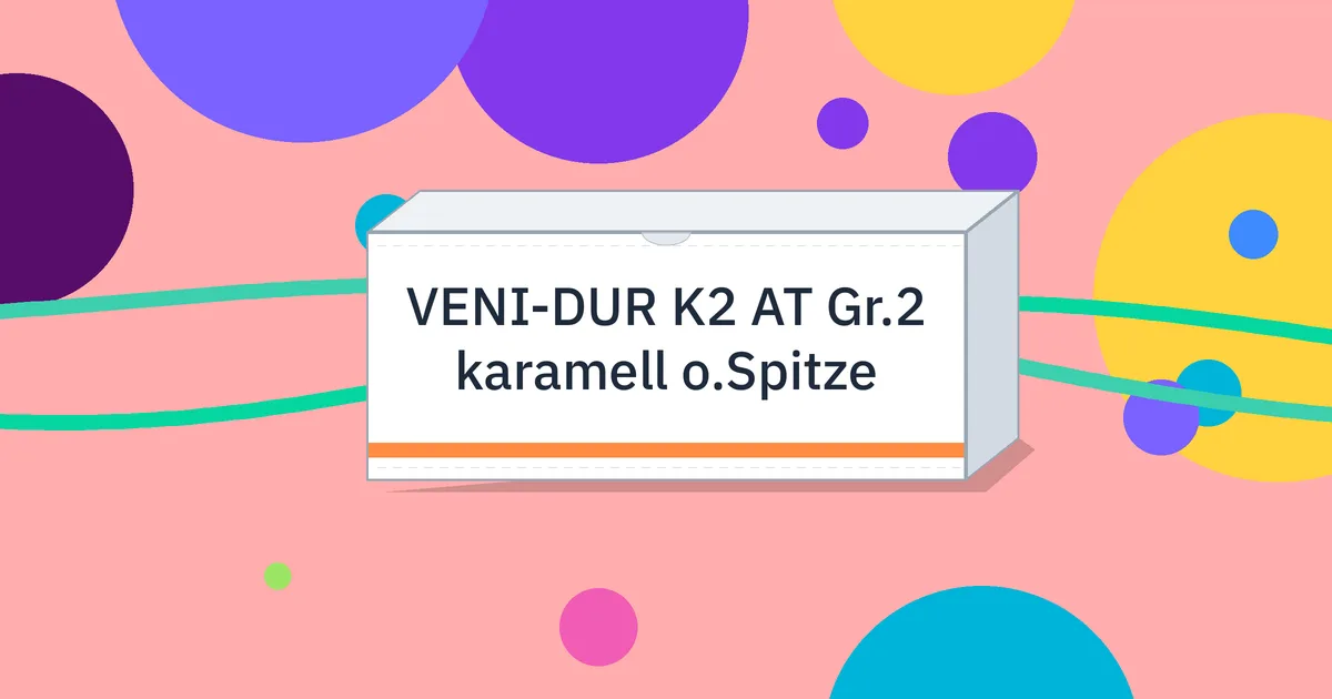 Symbolbild: Packung mit der Aufschrift VENI-DUR K2 AT Gr.2 karamell o.Spitze (PZN 13757035) – Verfügbarkeit und Bezug in Apotheken in Frankfurt am Main