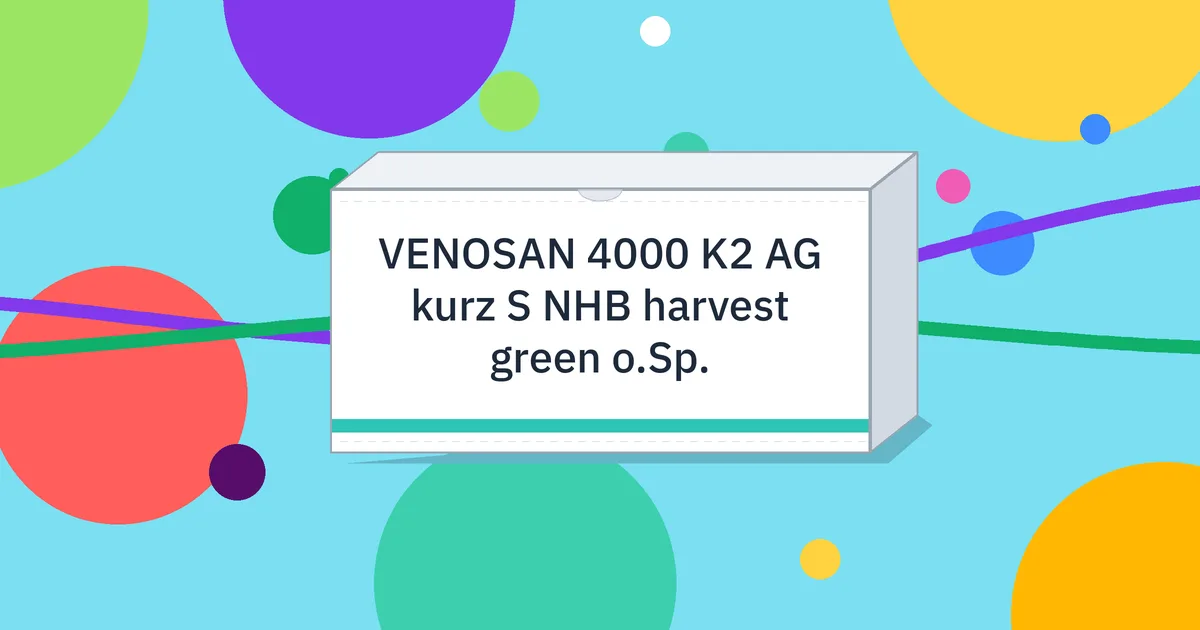 Symbolbild: Packung mit der Aufschrift VENOSAN 4000 K2 AG kurz S NHB harvest green o.Sp. (PZN 18847808) – Verfügbarkeit und Bezug in Apotheken in Frankfurt am Main