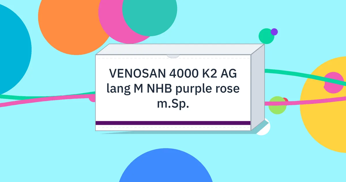Symbolbild: Packung mit der Aufschrift VENOSAN 4000 K2 AG lang M NHB purple rose m.Sp. (PZN 18847984) – Verfügbarkeit und Bezug in Apotheken in Frankfurt am Main