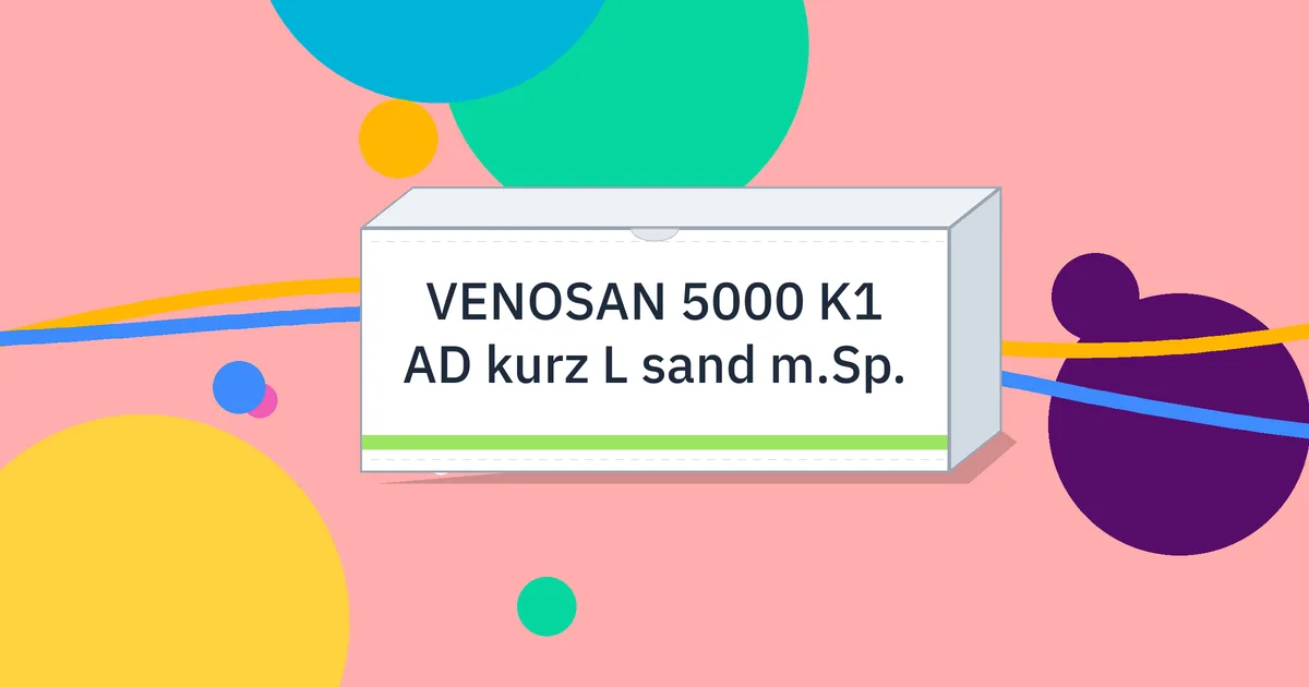 Symbolbild: Packung mit der Aufschrift VENOSAN 5000 K1 AD kurz L sand m.Sp. (PZN 14428144) – Verfügbarkeit und Bezug in Apotheken in Frankfurt am Main