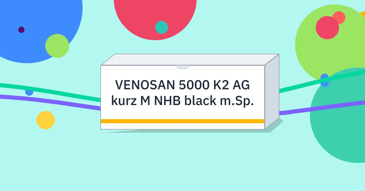 Symbolbild: Packung mit der Aufschrift VENOSAN 5000 K2 AG kurz M NHB black m.Sp. (PZN 14433814) – Verfügbarkeit und Bezug in Apotheken in Frankfurt am Main