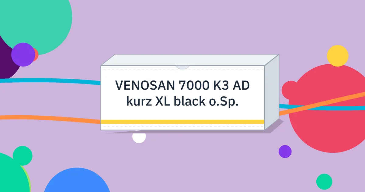 Symbolbild: Packung mit der Aufschrift VENOSAN 7000 K3 AD kurz XL black o.Sp. (PZN 14436221) – Verfügbarkeit und Bezug in Apotheken in Frankfurt am Main