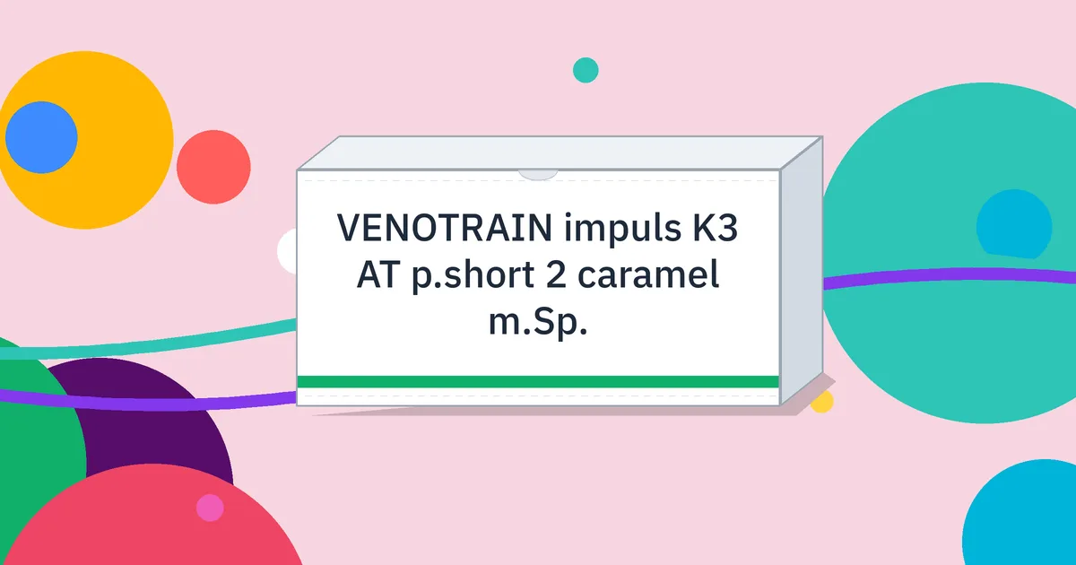 Symbolbild: Packung mit der Aufschrift VENOTRAIN impuls K3 AT p.short 2 caramel m.Sp. (PZN 19355013) – Verfügbarkeit und Bezug in Apotheken in Frankfurt am Main