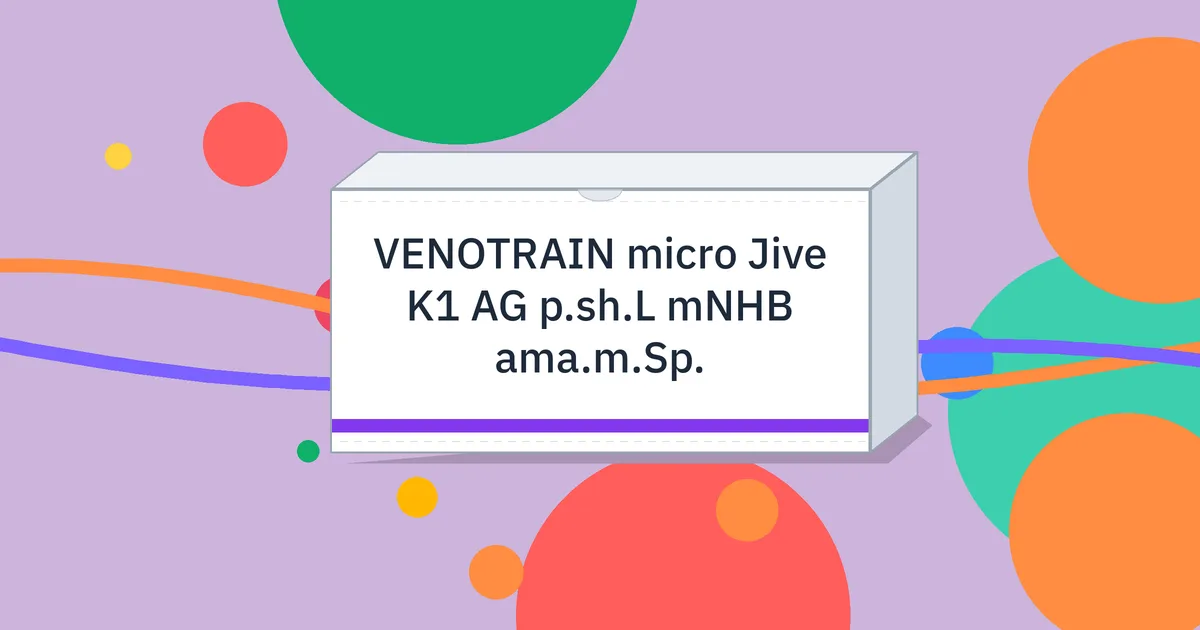 Symbolbild: Packung mit der Aufschrift VENOTRAIN micro Jive K1 AG p.sh.L mNHB ama.m.Sp. (PZN 17759545) – Verfügbarkeit und Bezug in Apotheken in Frankfurt am Main