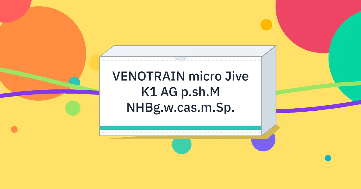 Symbolbild: Packung mit der Aufschrift VENOTRAIN micro Jive K1 AG p.sh.M NHBg.w.cas.m.Sp. (PZN 20767904) – Verfügbarkeit und Bezug in Apotheken in Frankfurt am Main