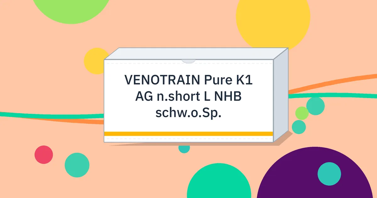 Symbolbild: Packung mit der Aufschrift VENOTRAIN Pure K1 AG n.short L NHB schw.o.Sp. (PZN 18147689) – Verfügbarkeit und Bezug in Apotheken in Frankfurt am Main